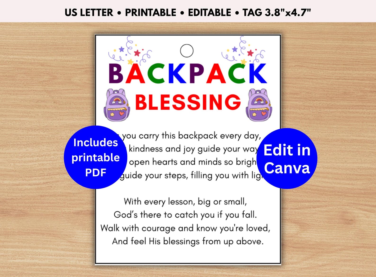 Backpack Blessing Tags Editable, Bless This Backpack, Christian ...