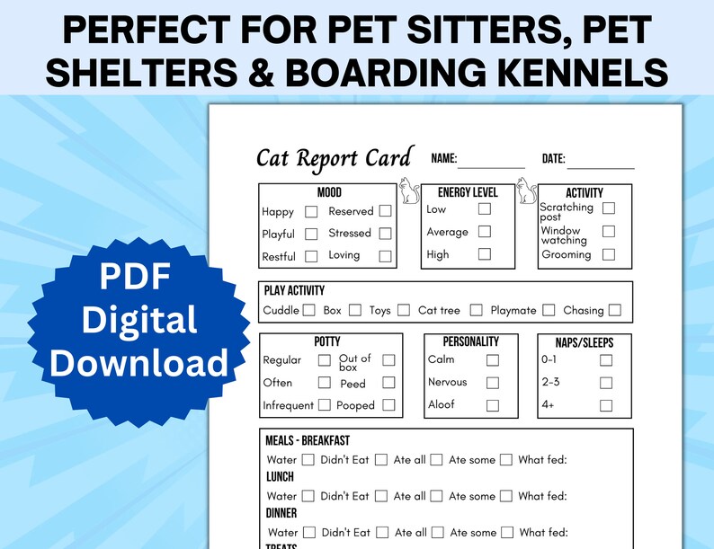 Cat Report Card, Cat Sitter Report Printable, Cat Care Planner, Cat ...