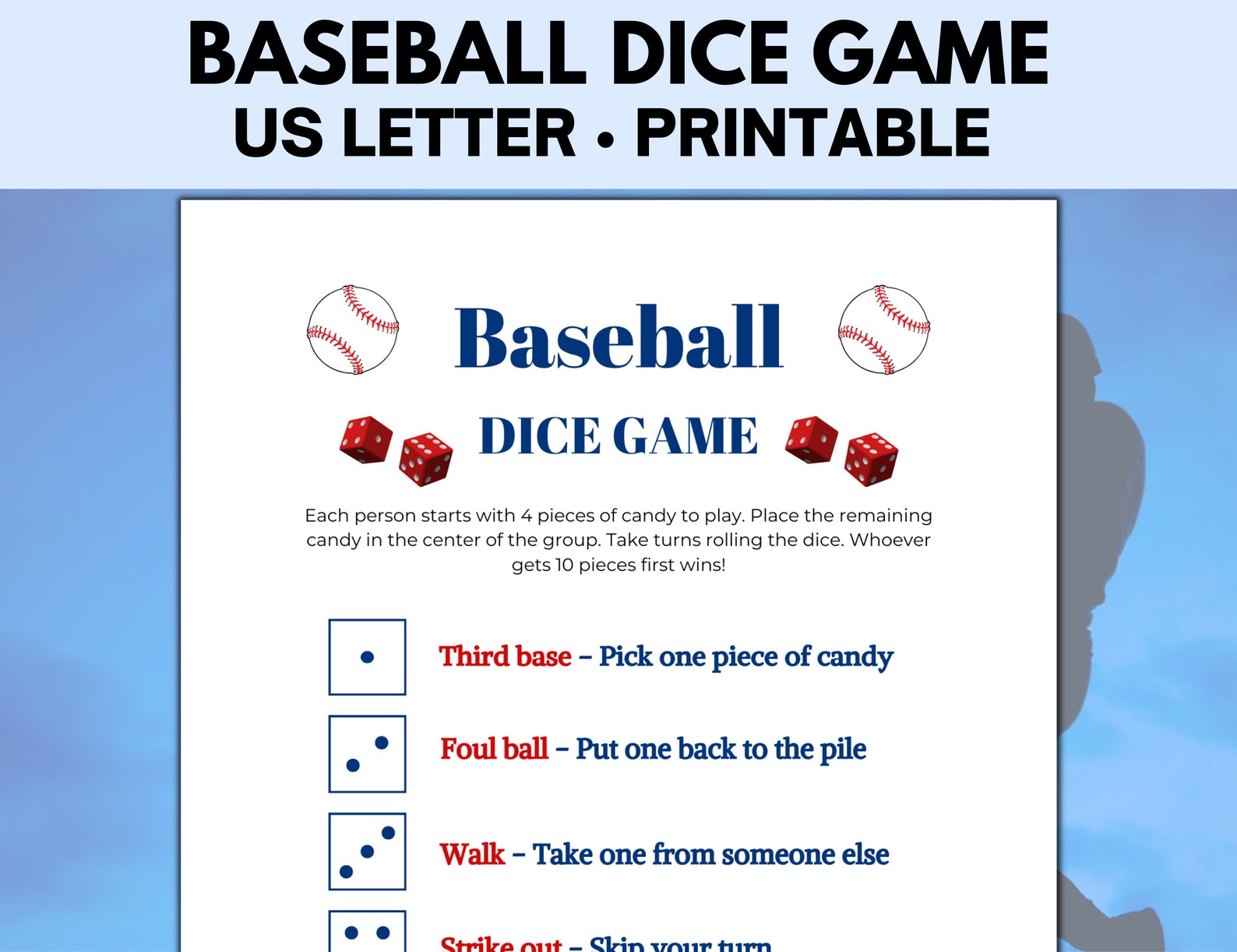 Dice Baseball Game and Candy Dice Game Printable for Kids and Adults ...