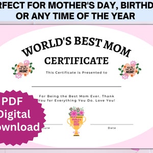 Best Mom Certificate, World's Best Mom, Best Mom Ever Award Certificate ...