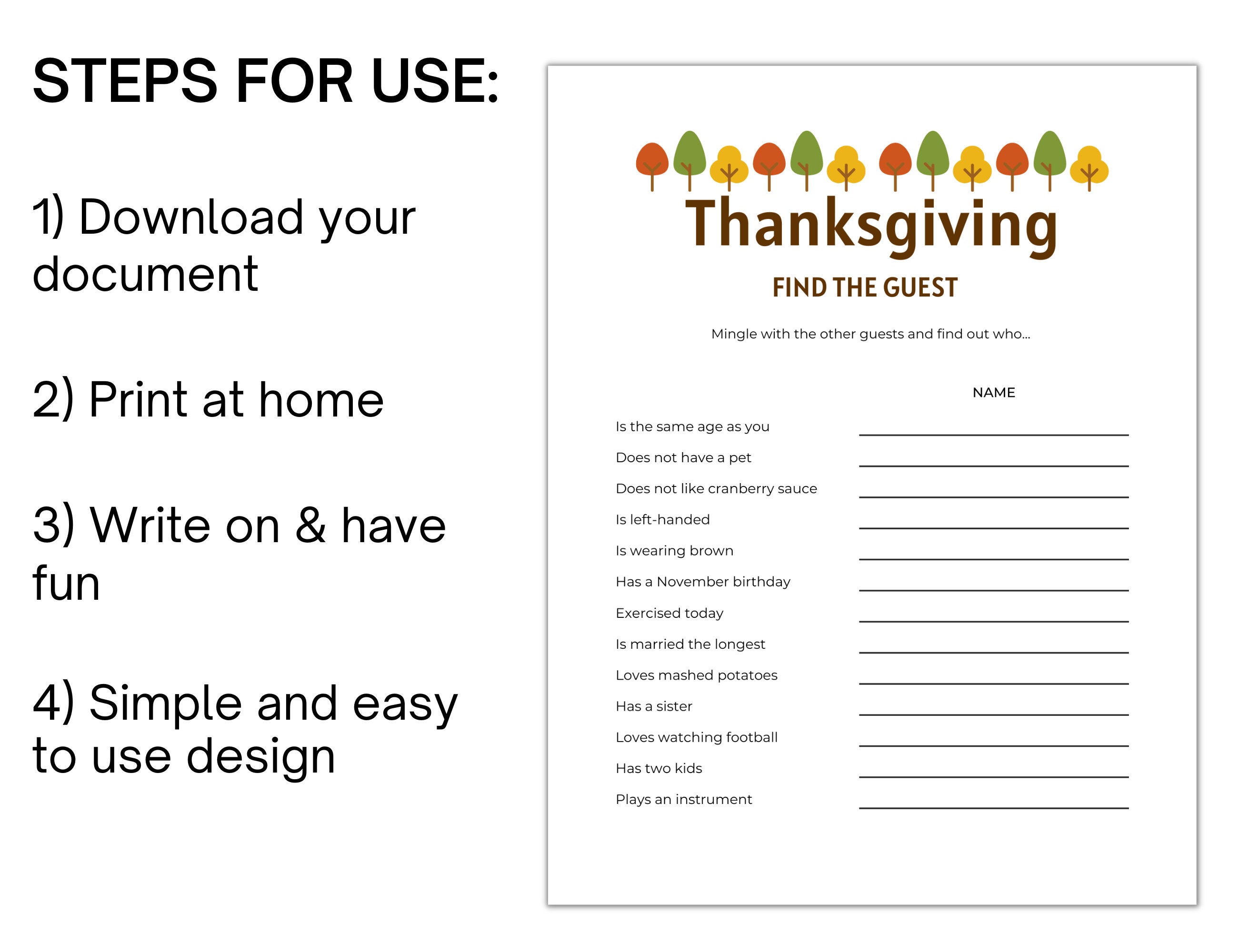 Thanksgiving Find the Guest Game, Find Someone Who, Printable ...