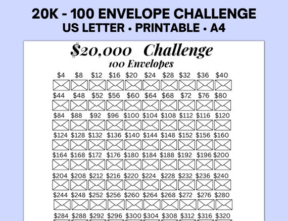 20K Savings Challenge 100 Envelope Challenge Printable 20000 - Etsy