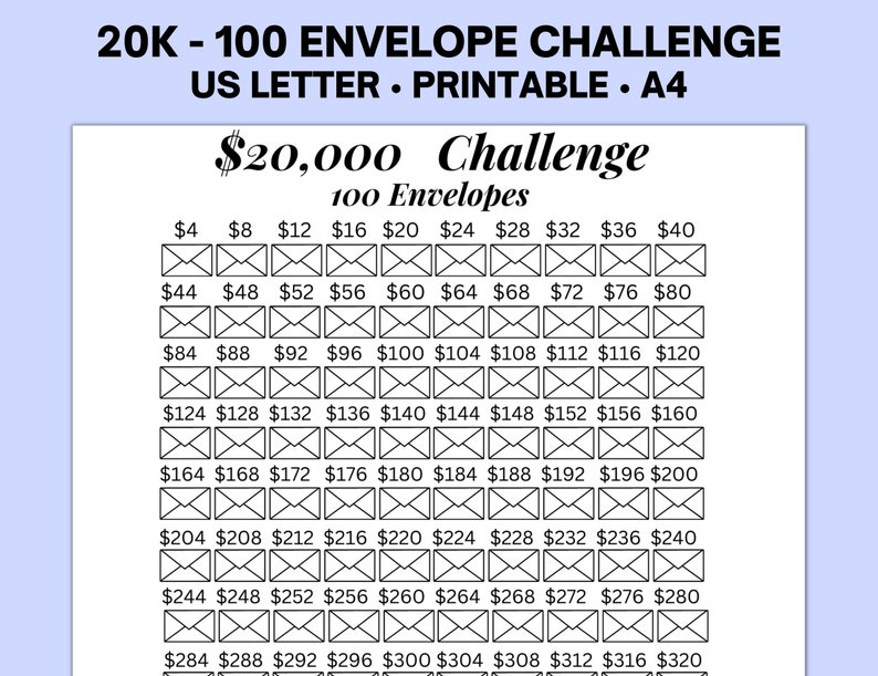 20K Savings Challenge, 100 Envelope Challenge Printable, 20000 Savings ...