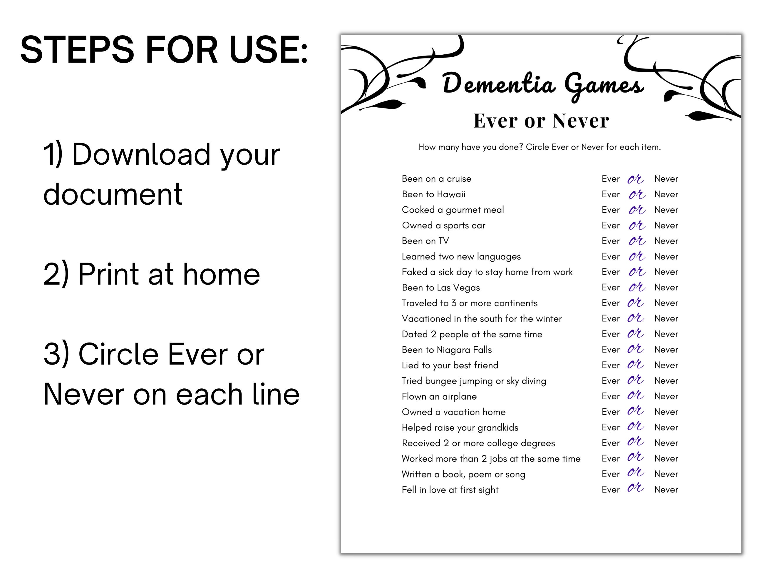 Dementia Ever or Never, Ice Breaker Games, Dementia Activities ...