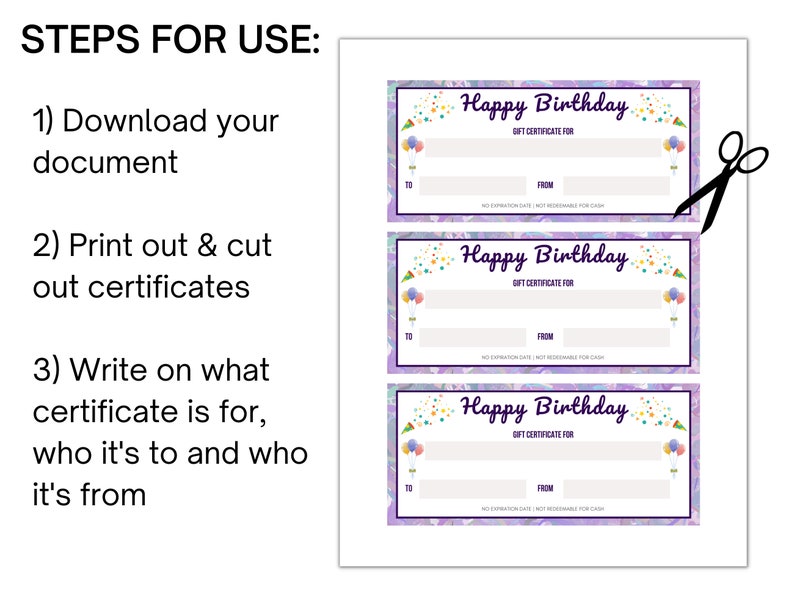 Printable Birthday Gift Certificate, Gift Certificate Template, Gift ...