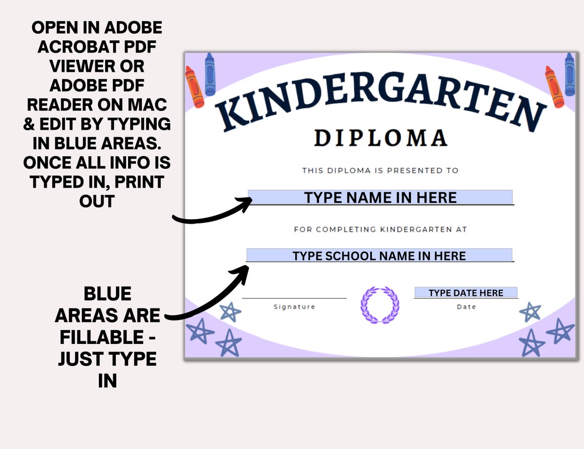 Fillable Kindergarten Diploma, Printable Diploma, Diploma Template ...