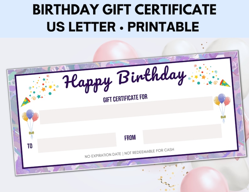 Printable Birthday Gift Certificate, Gift Certificate Template, Gift ...