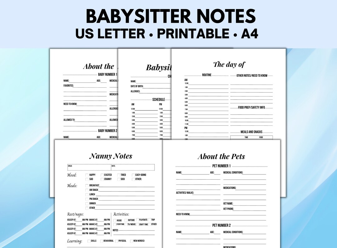 Babysitter Notes Printable, Nanny Notes and Babysitter Information ...