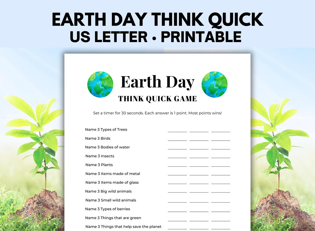 Earth Day Think Quick Game, Ice Breaker Games, Earth Day Printable ...