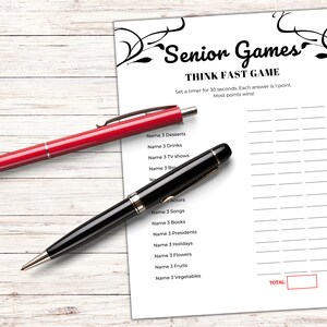 Senior Think Fast Game, Printable Games for Seniors, Ice Breaker Games ...