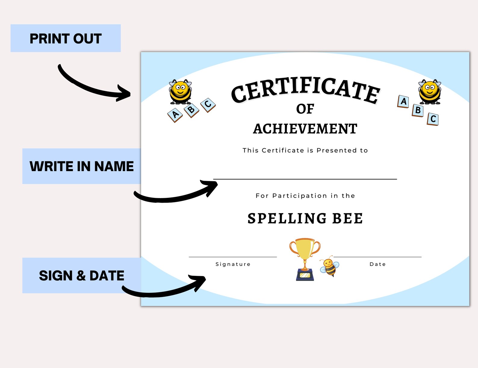 Spelling Bee Certificate, Award and Certificate of Achievement for Kids ...
