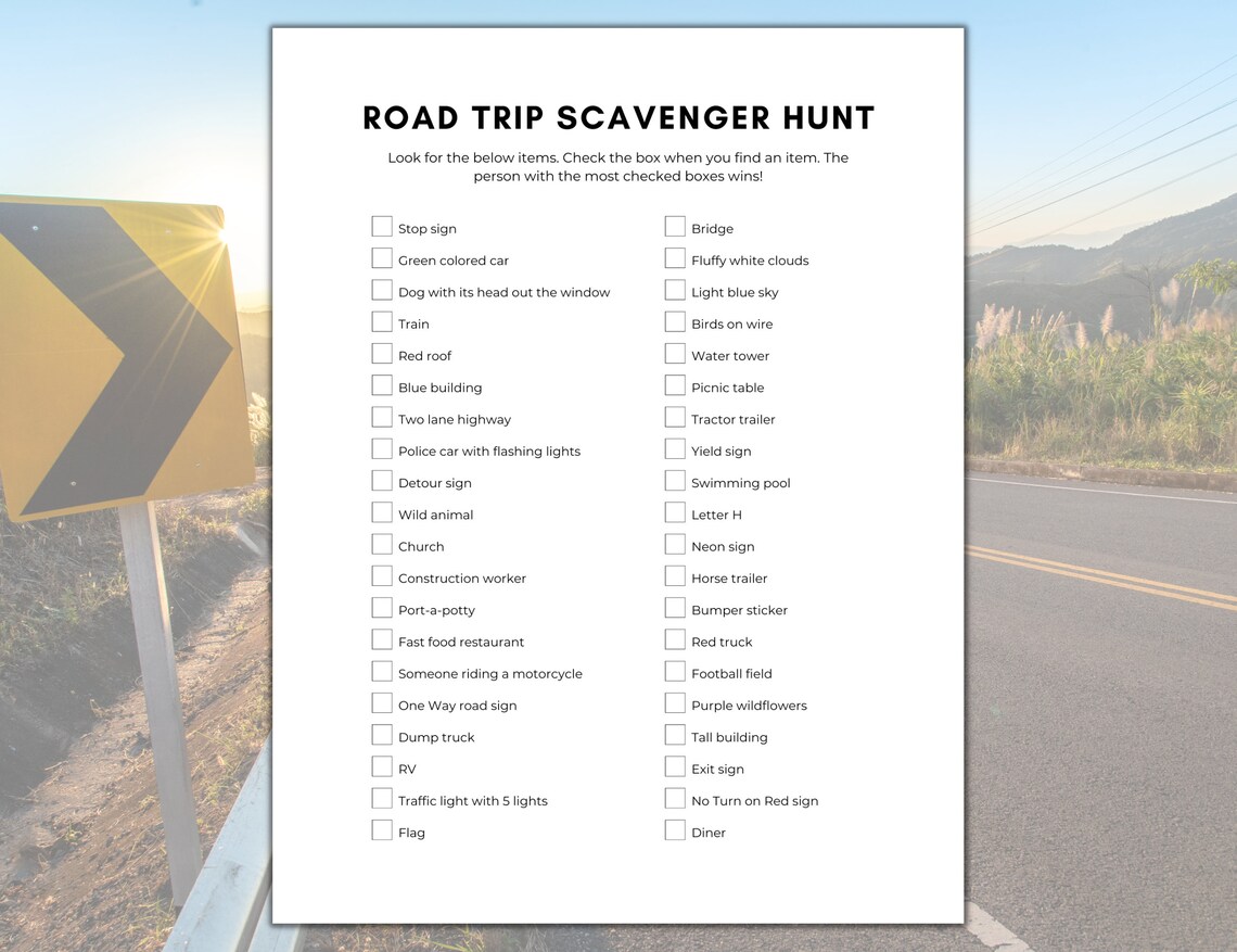 Road Trip Scavenger Hunt, Adults and Kids Games Road Trip Printables ...