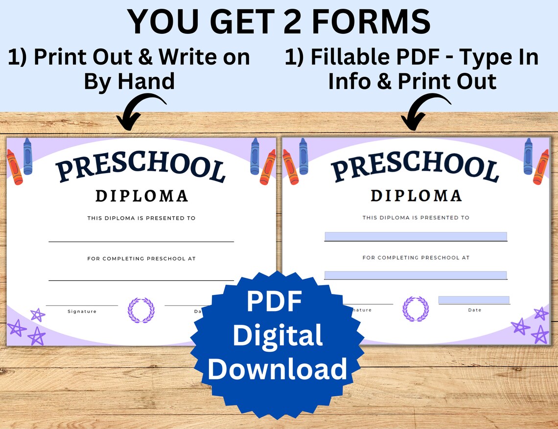 Fillable Preschool Diploma Printable Template for Preschool Graduation ...