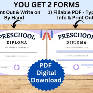 Fillable Preschool Diploma Printable Template for Preschool Graduation ...