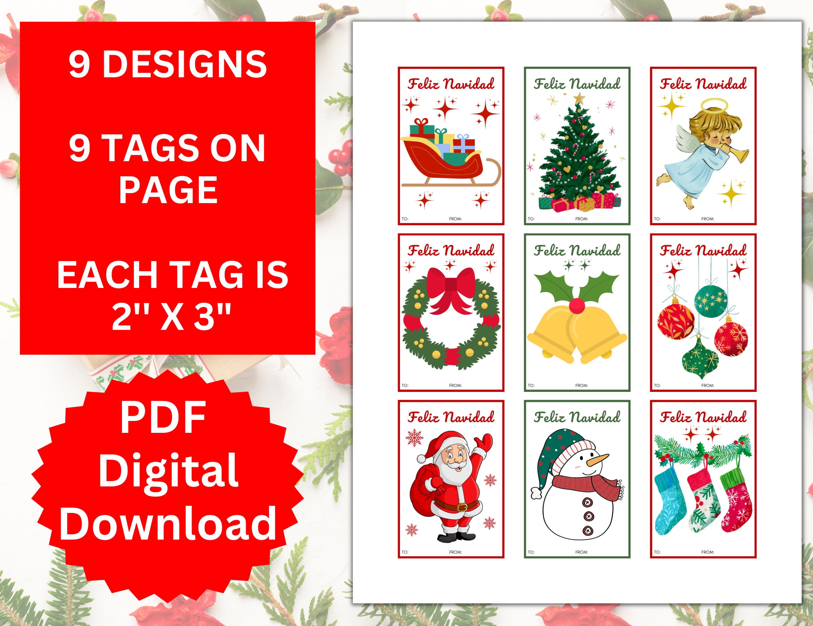 Printable Gift Tags Feliz Navidad, Christmas Gift Tags, Gift Tag Pdf ...