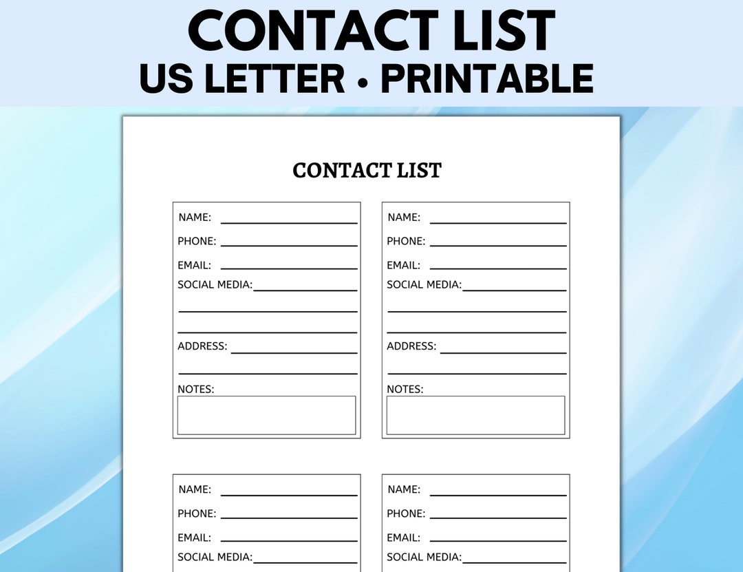 Contact List Printable, Contact Information, Contact Sheet - Etsy