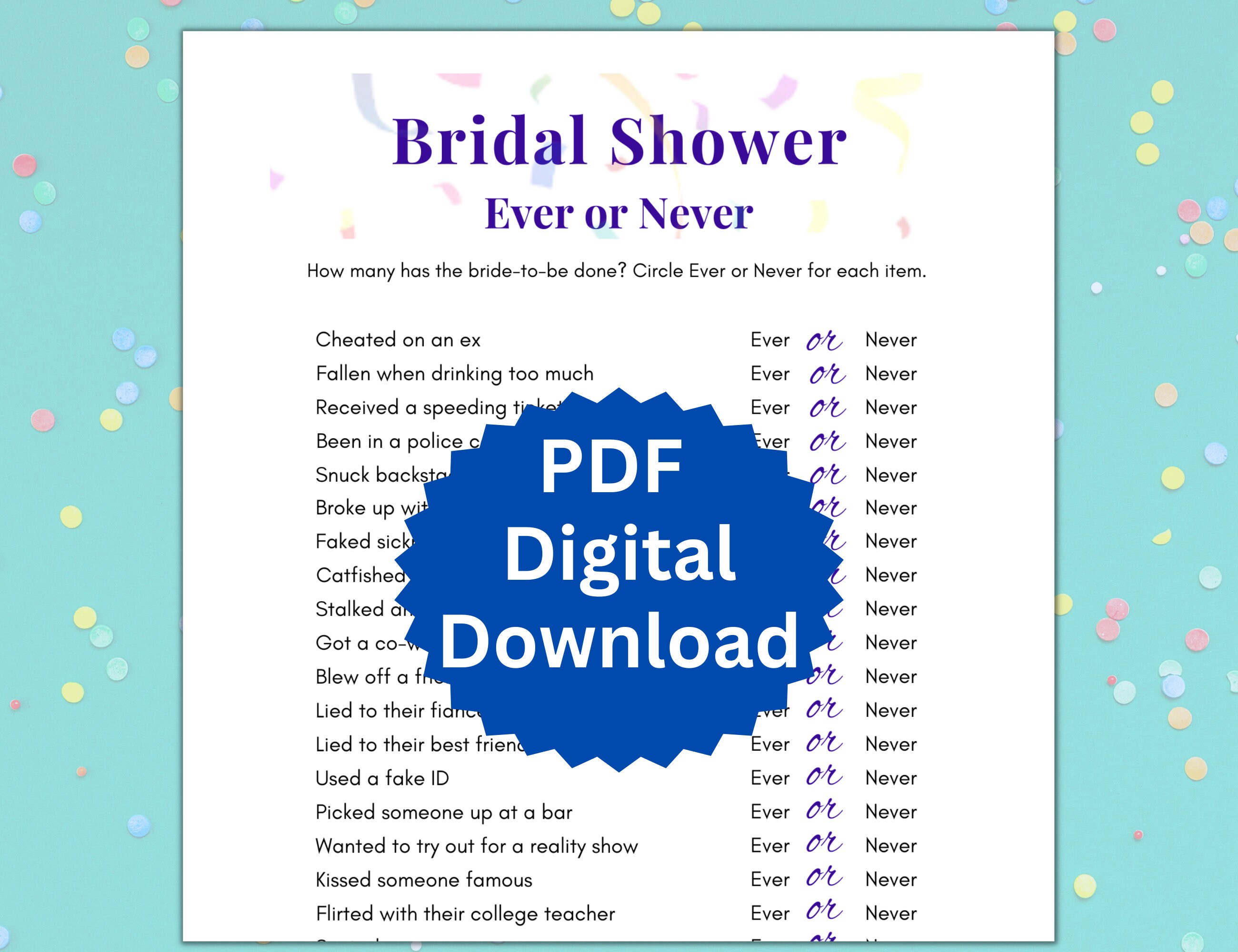 Bridal Shower Ever or Never Game, Who Knows the Bride Best, How Well Do ...
