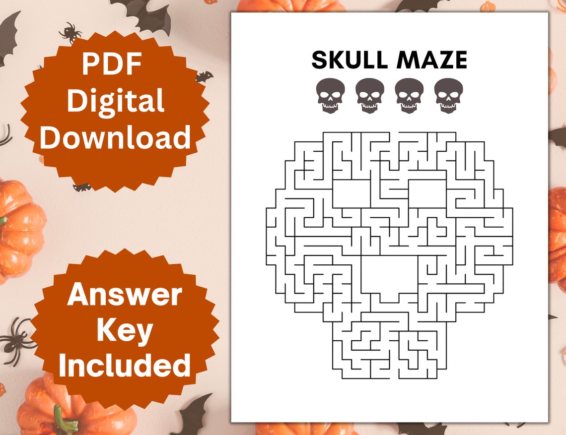 Skull Maze, Printable Halloween Maze, Halloween Activities and Games ...