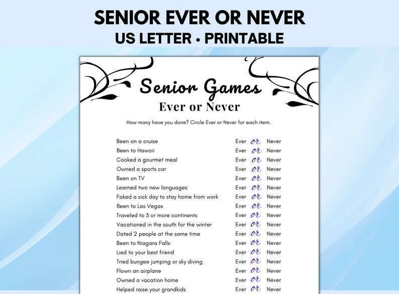 Senior Ever or Never, Printable Games for Seniors, Ice Breaker Games ...