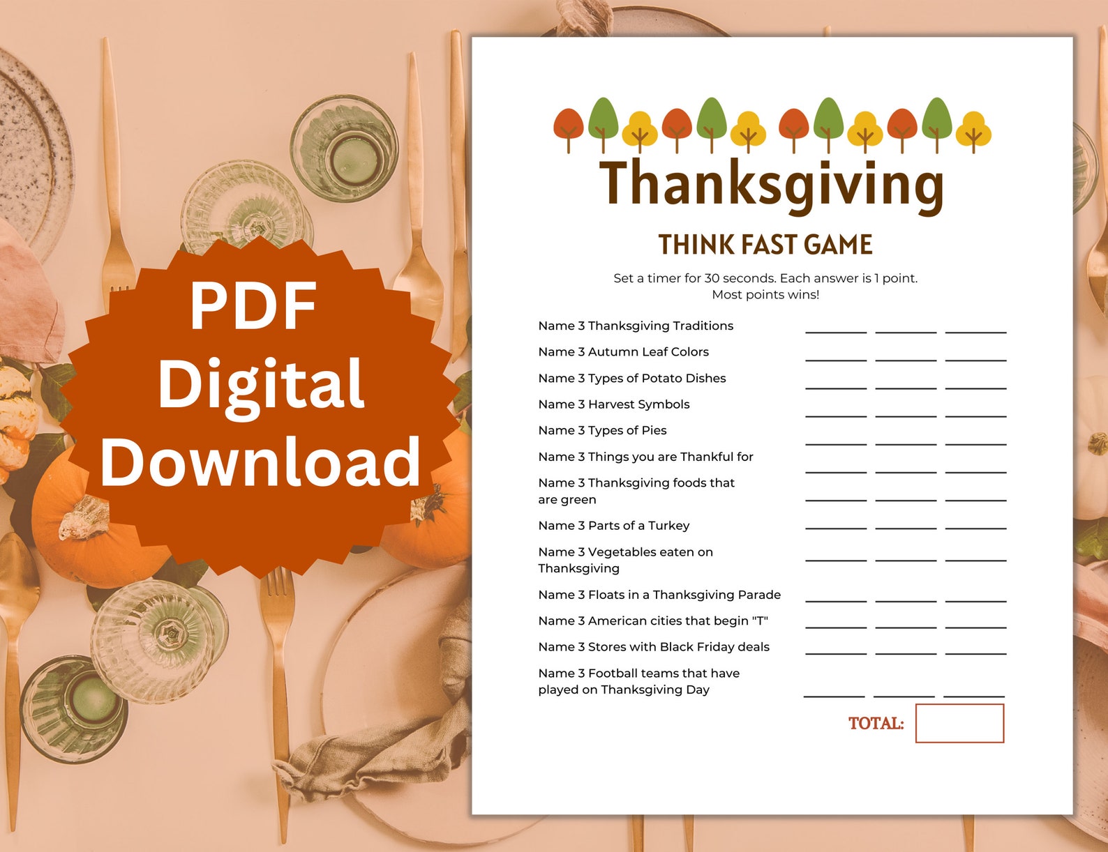 Thanksgiving Think Fast Game, Thanksgiving Printable Game, Holiday ...