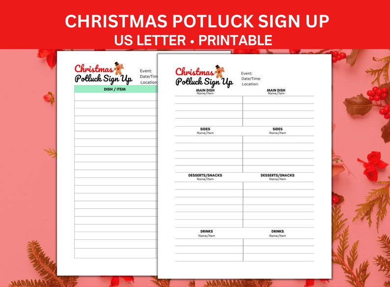 Christmas Potluck Sign up Sheet, Holiday Potluck - Etsy