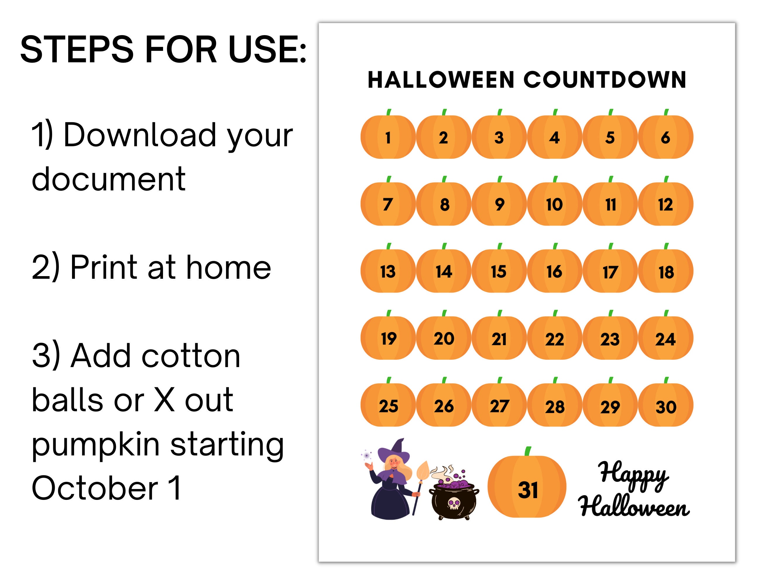 Halloween Countdown Calendar, Printable Halloween Activity, Holiday ...