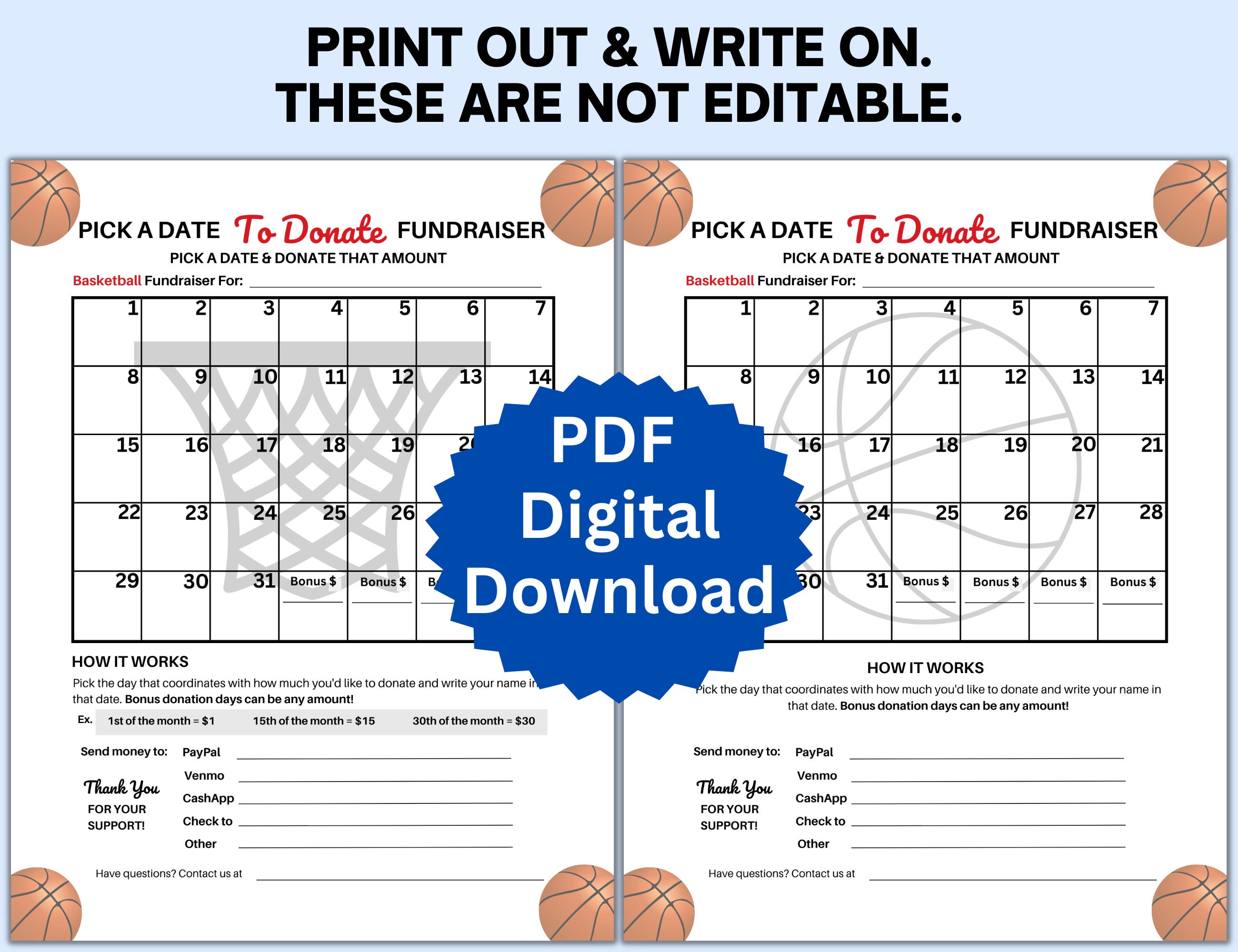 Fundraiser Calendar Basketball, Pick a Date Donation, Fundraiser ...