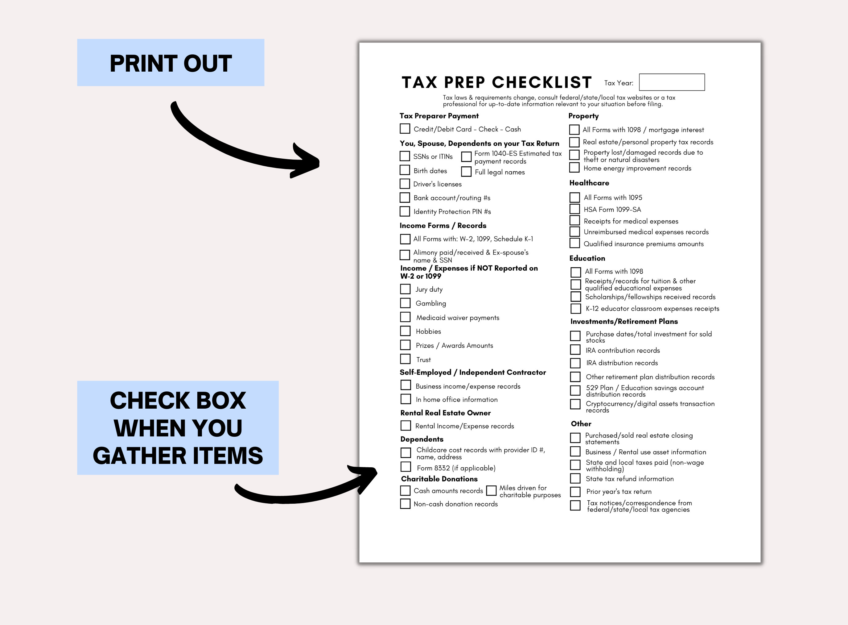 Tax Prep Checklist, Tax Checklist, Tax Organizer, Tax Preparation, Tax ...