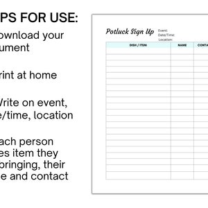 Potluck Sign up Sheet and List, Holiday Potluck Sign up Sheet, Family ...