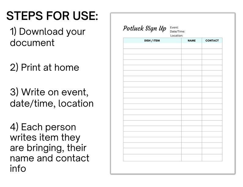 Potluck Sign up Sheet and List - Etsy