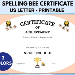 Spelling Bee Certificate, Award and Certificate of Achievement for Kids ...