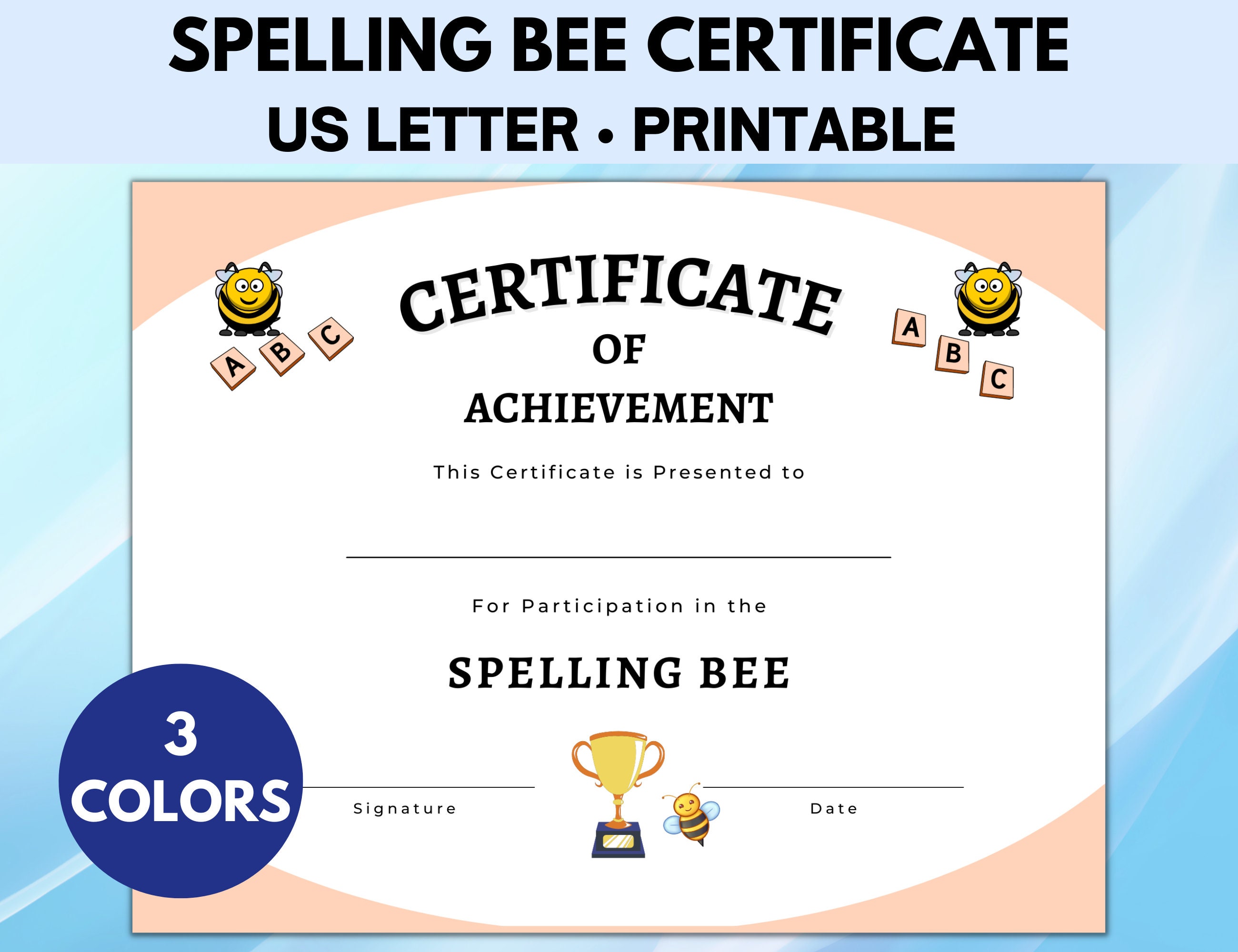 Spelling Bee Certificate, Award and Certificate of Achievement for Kids ...