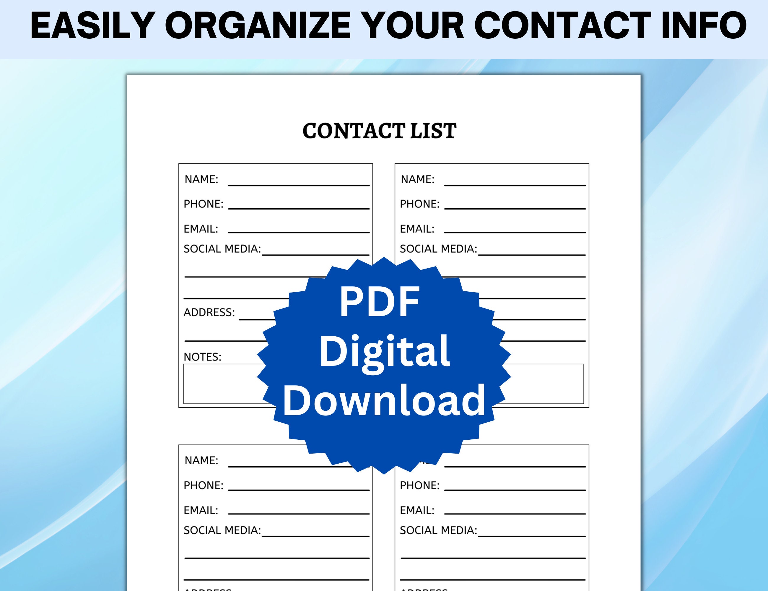 Contact List Printable, Contact Information, Contact Sheet - Etsy