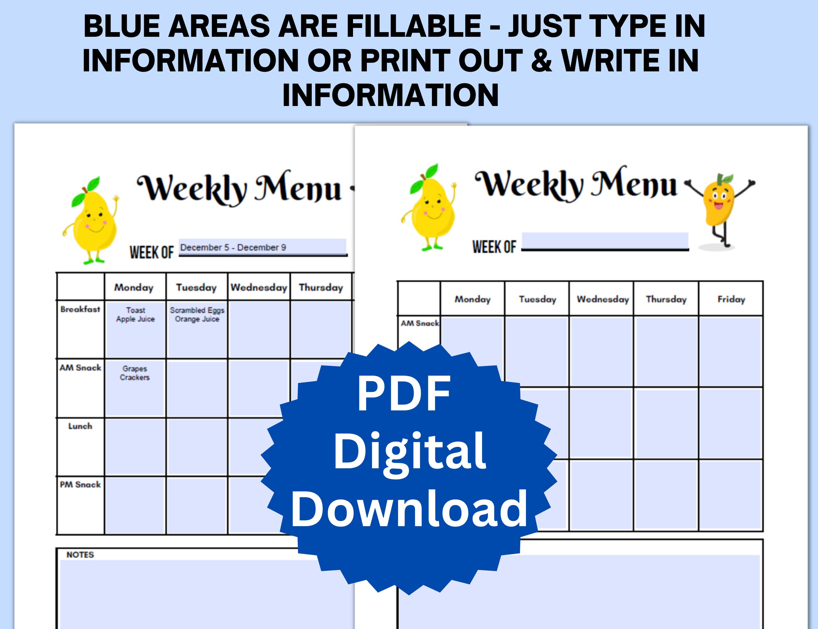 Editable Daycare Menu, Weekly Preschool Menu Template, Daycare or ...