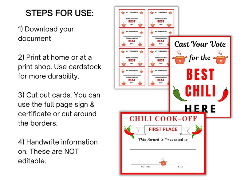 Chili Cook off Voting Cards, Certificates, Sign for Chili Contest Kit ...