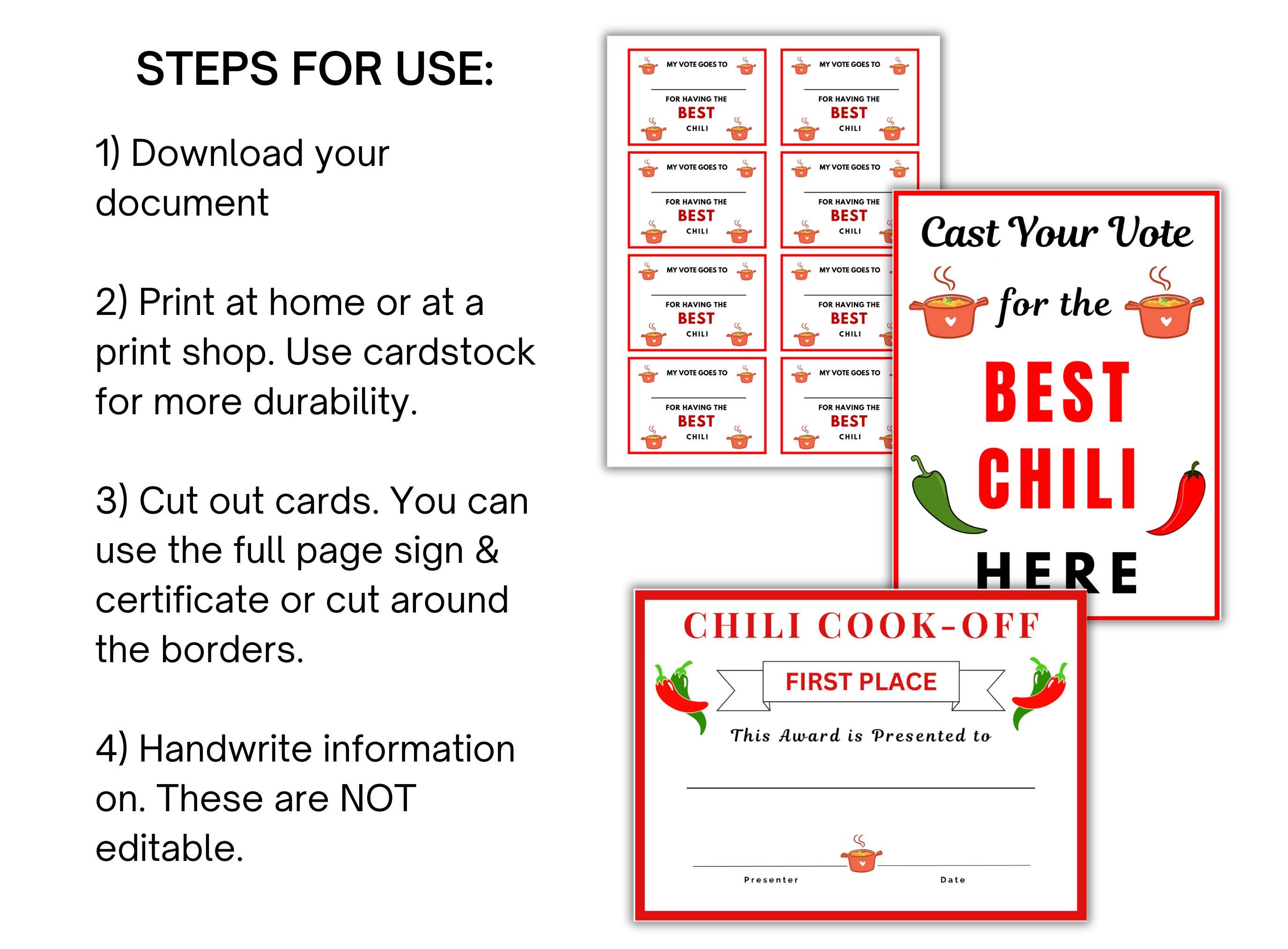 Chili Cook off Voting Cards, Certificates, Sign for Chili Contest Kit ...