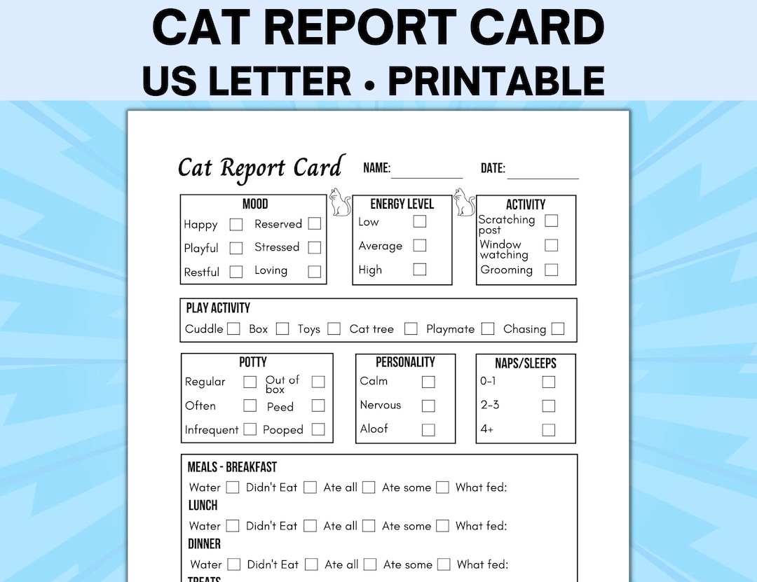 Cat Report Card, Cat Sitter Report Printable, Cat Care Planner, Cat ...