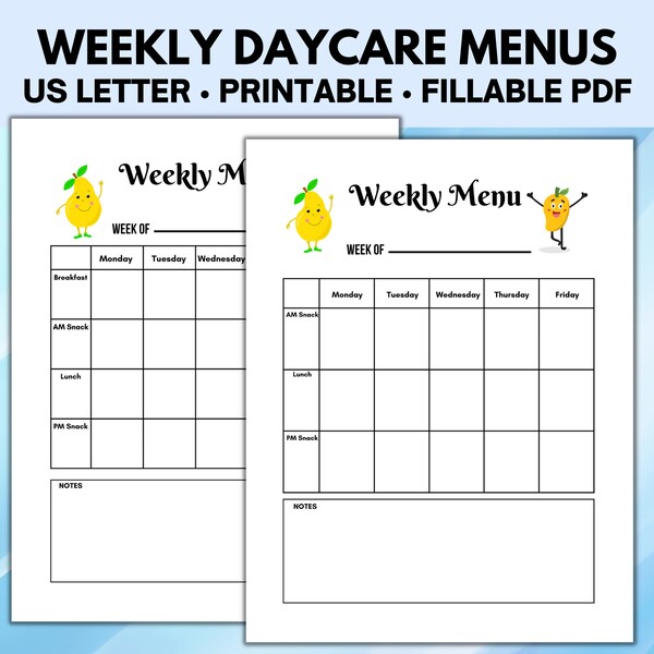 Daycare Weekly Menu - Etsy