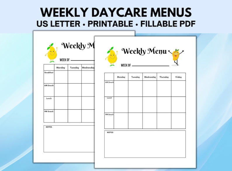Editable Daycare Menu, Weekly Preschool Menu Template, Daycare or ...