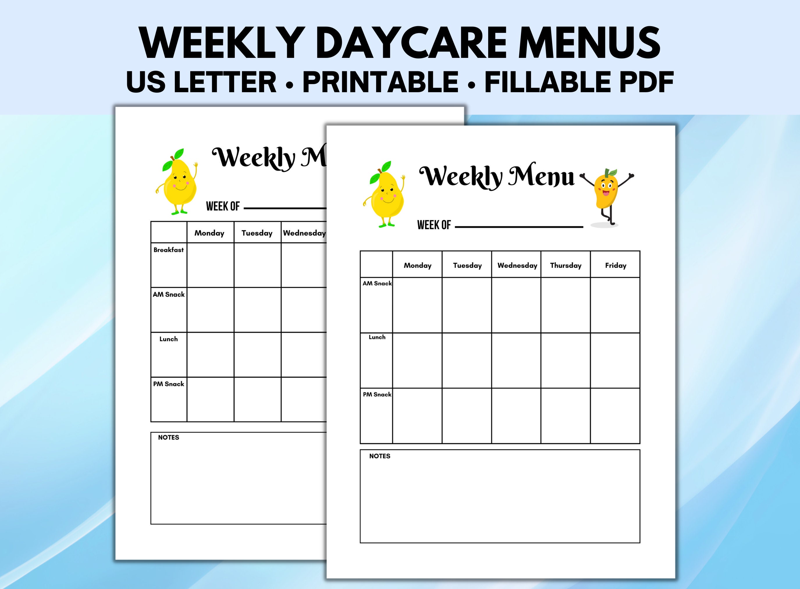 Editable Daycare Menu, Weekly Preschool Menu Template, Daycare or ...
