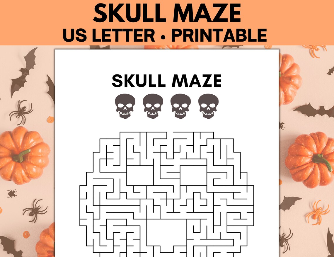 Skull Maze, Printable Halloween Maze, Halloween Activities and Games ...