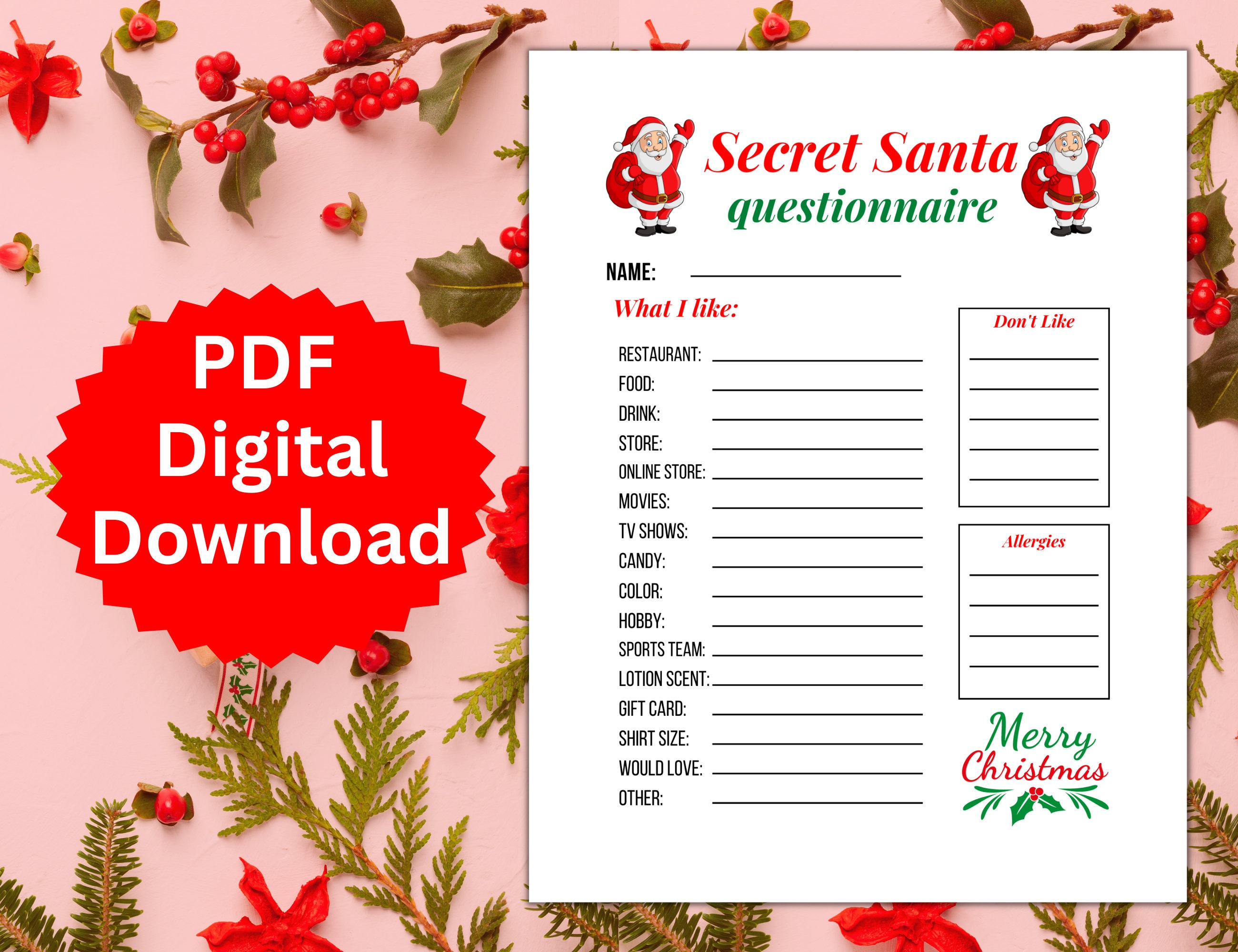 Secret Santa Questionnaire Printable, Christmas Wish List, to Buy List ...