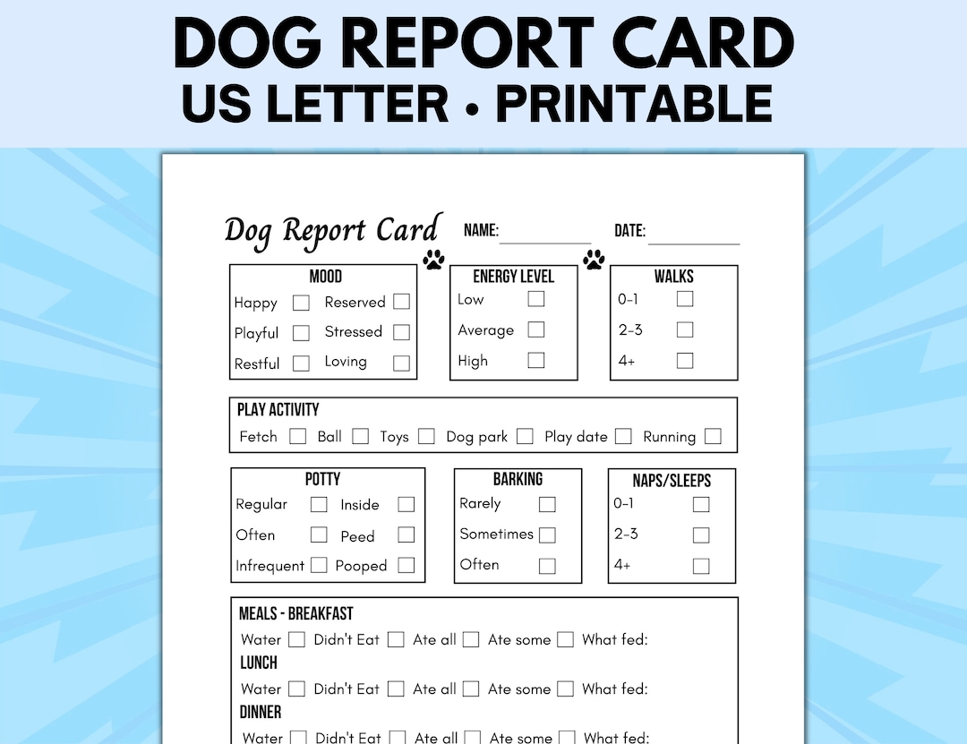 Dog Report Card for Pet and Puppy, Pet Sitter Report, Dog Boarding and ...