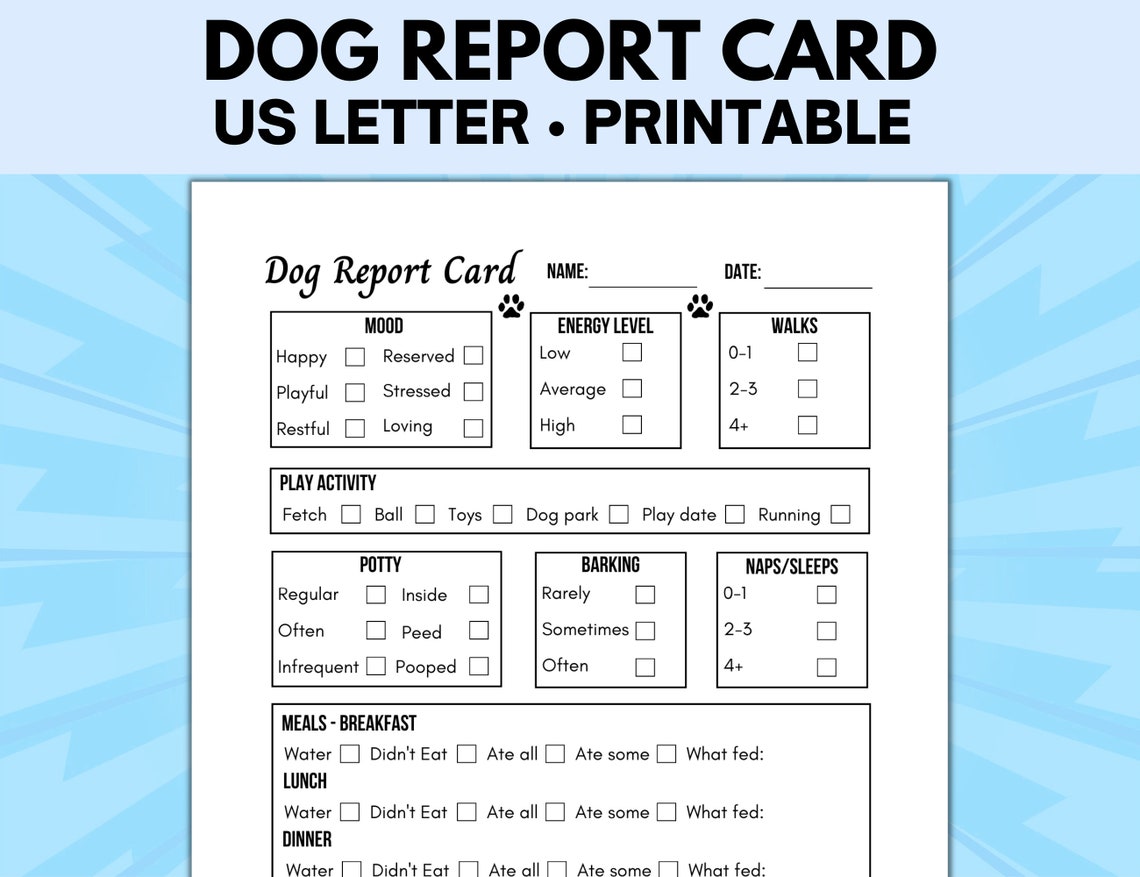 Dog Report Card for Pet and Puppy, Pet Sitter Report, Dog Boarding and ...