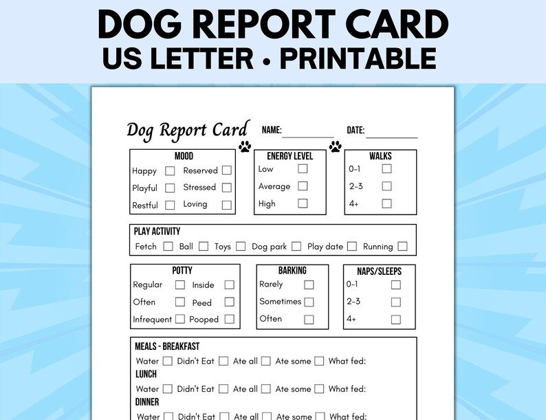 Dog Report Card for Pet and Puppy, Pet Sitter Report, Dog Boarding and ...