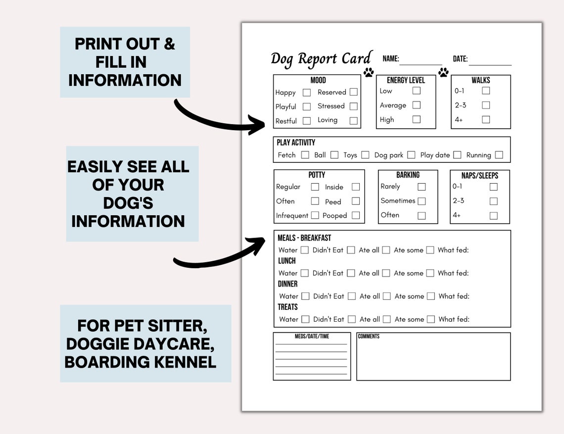 Dog Report Card for Pet and Puppy, Pet Sitter Report, Dog Boarding and ...