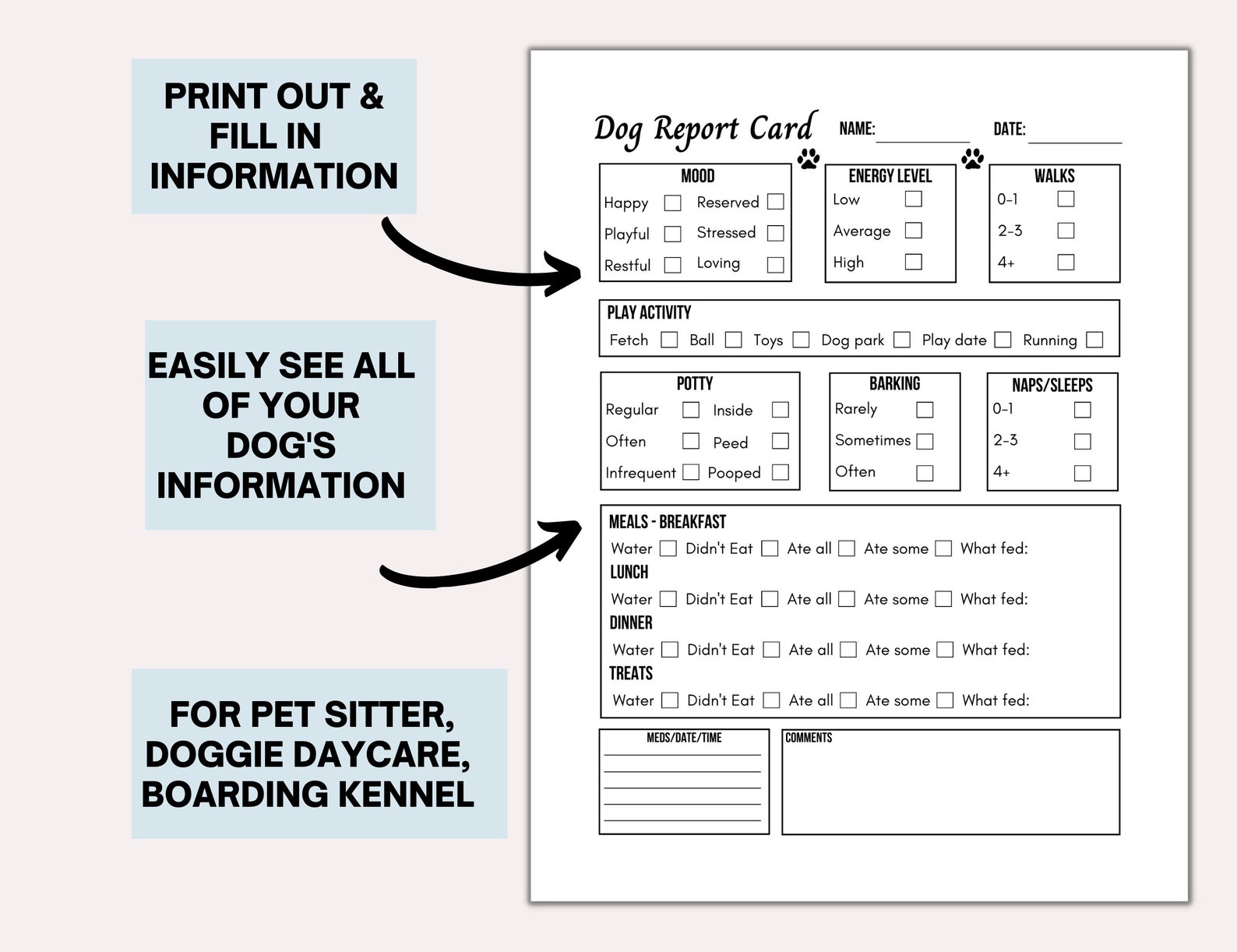 Dog Report Card for Pet and Puppy, Pet Sitter Report, Dog Boarding and ...