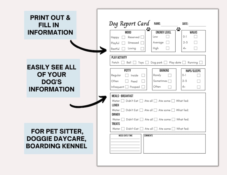 Dog Report Card for Pet and Puppy, Pet Sitter Report, Dog Boarding and ...