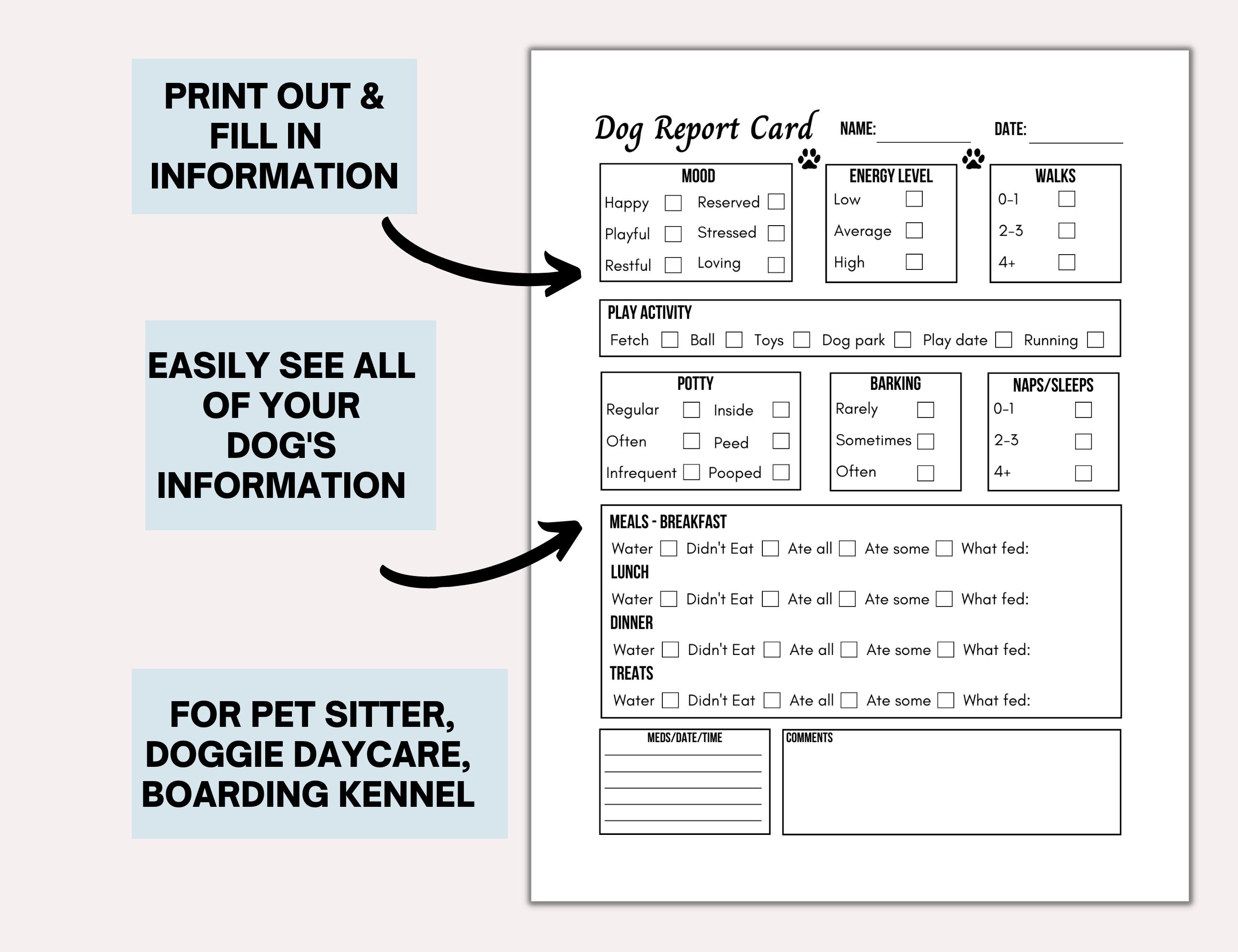 Dog Report Card for Pet and Puppy, Pet Sitter Report, Dog Boarding and ...