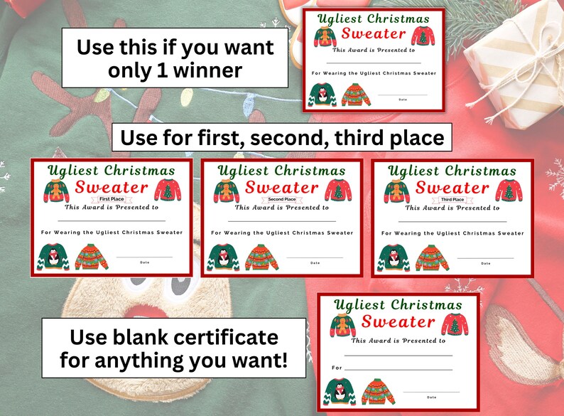 Ugly Christmas Sweater Voting Cards, Sign and Certificate for Ugly ...